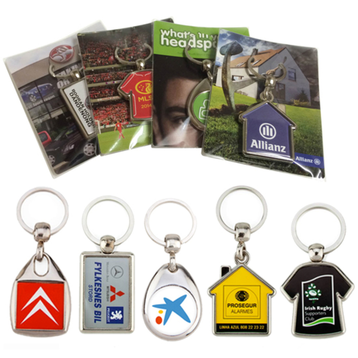 Custom Printed Promotional Metal key ring- on backing card poly bagged ...